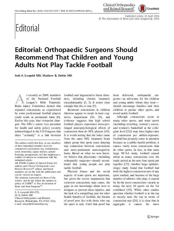 (PDF) Editorial: Orthopaedic Surgeons Should Recommend That Children ...