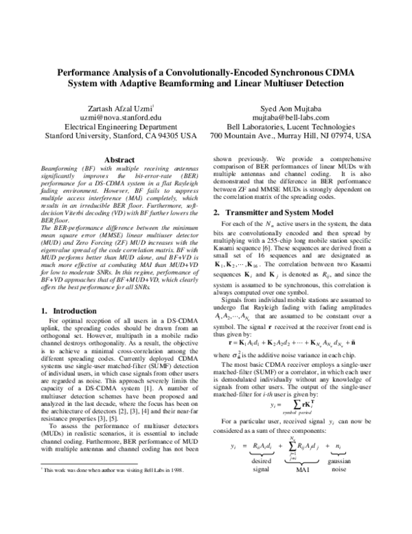 Pdf Performance Analysis Of A Convolutionally Encoded Synchronous Cdma System With Adaptive