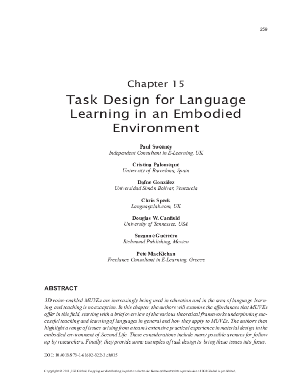 (PDF) Task Design for Language Learning in an Embodied Environment ...