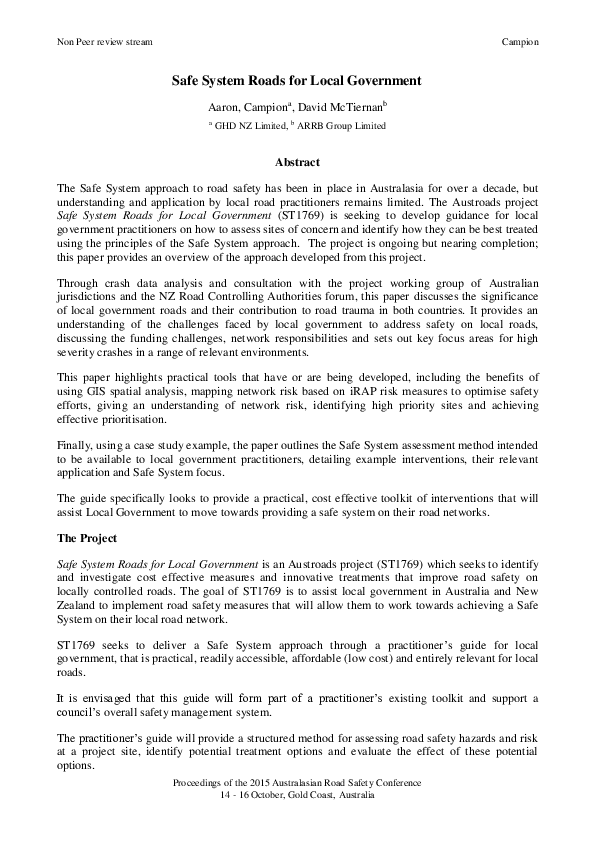 (PDF) Safe system roads for local government