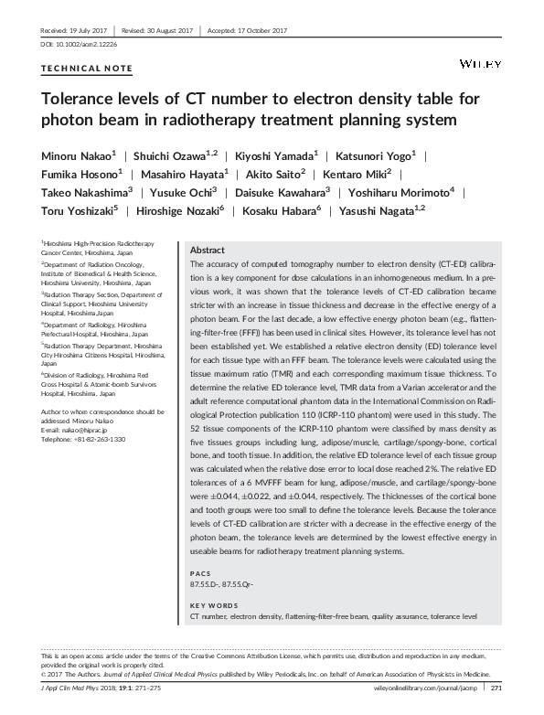(PDF) Tolerance levels of CT number to electron density table for ...