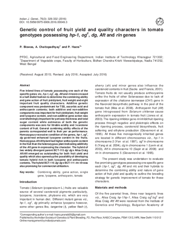 (PDF) Genetic control of fruit yield and quality characters in tomato ...
