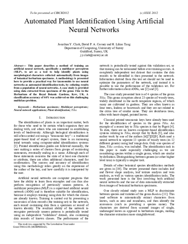 (PDF) Automated plant identification using artificial neural networks