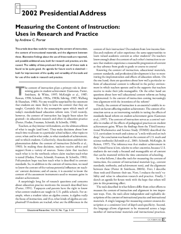 (PDF) Measuring the Content of Instruction: Uses in Research and Practice