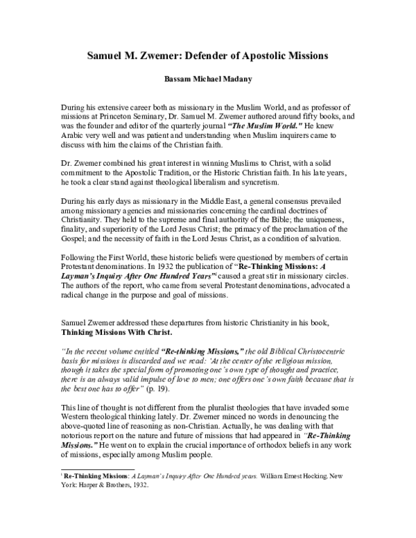 (DOC) Samuel M. Zwemer: Defender of Apostolic Missions