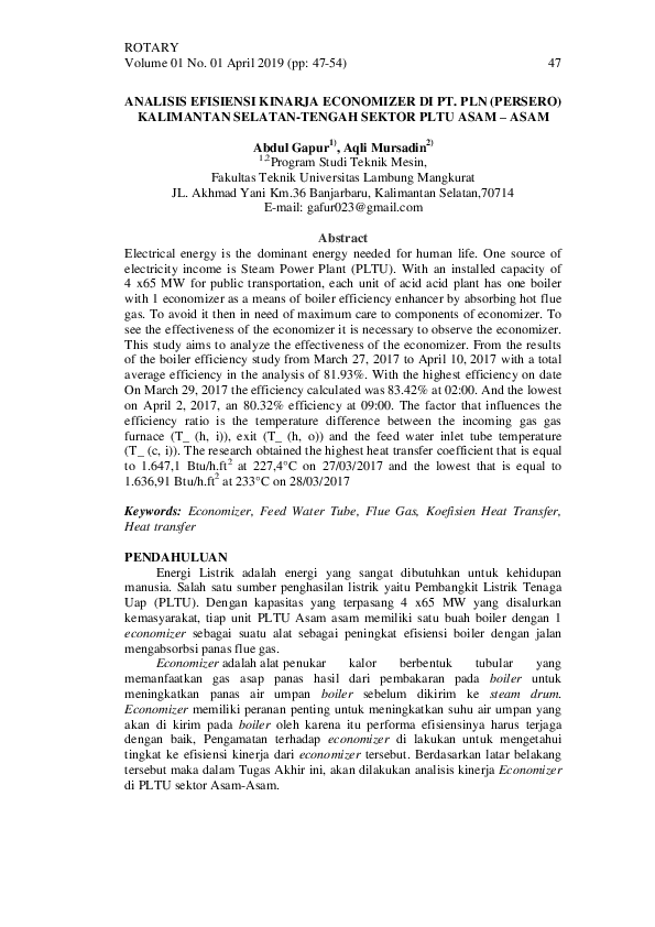 (PDF) Analisis Efisiensi Kinarja Economizer DI Pt. PLN (Persero ...