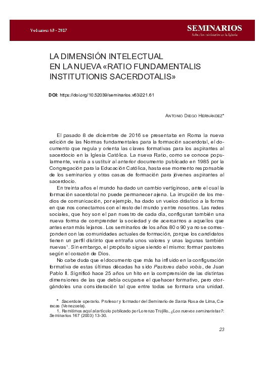 (PDF) La dimensíón intelectual en la nueva "Ratio fundamentalis ...