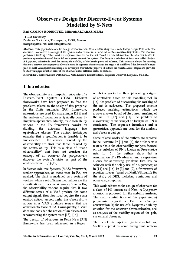 (PDF) Observers Design for Discrete-Event Systems Modelled by S-Nets