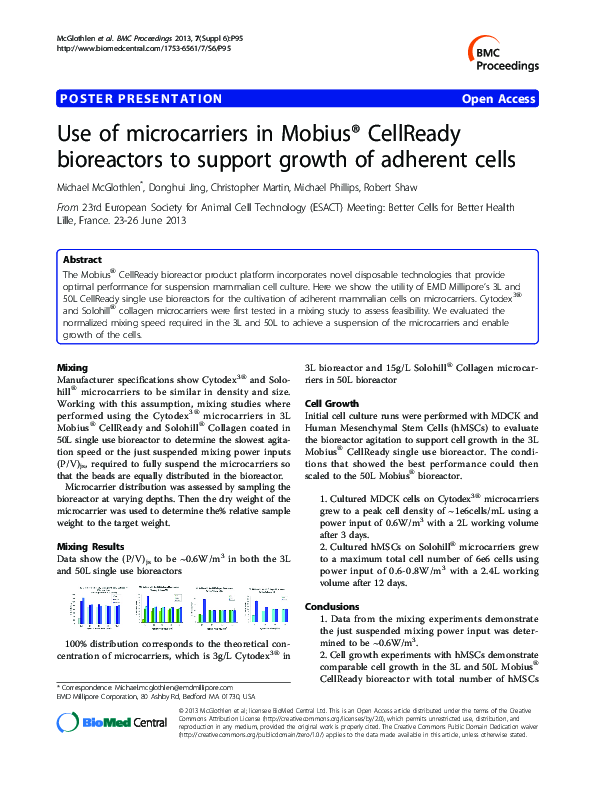 (PDF) Use of microcarriers in Mobius® CellReady bioreactors to support ...