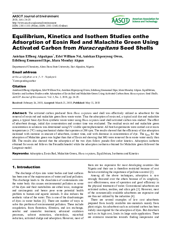 (PDF) Equilibrium , Kinetics and Isothem Studies onthe Adsorption of Eosin Red and Malachite ...