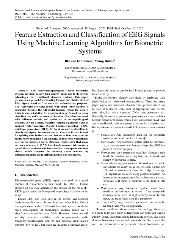 Pdf Feature Extraction And Classification Of Eeg Signals Using Machine Learning Algorithms For 8132