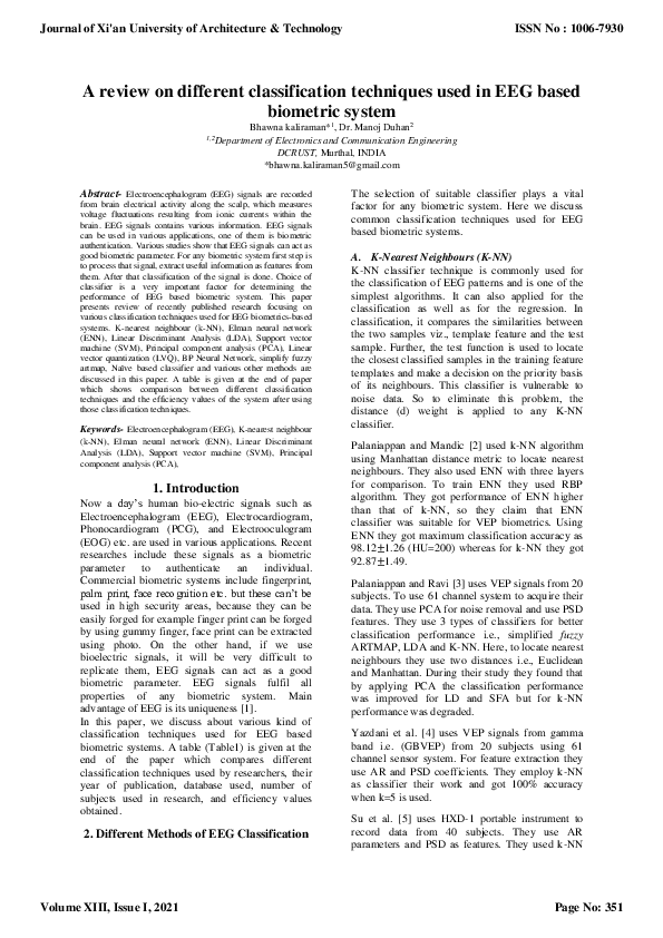 (PDF) A review on different classification techniques used in EEG based biometric system