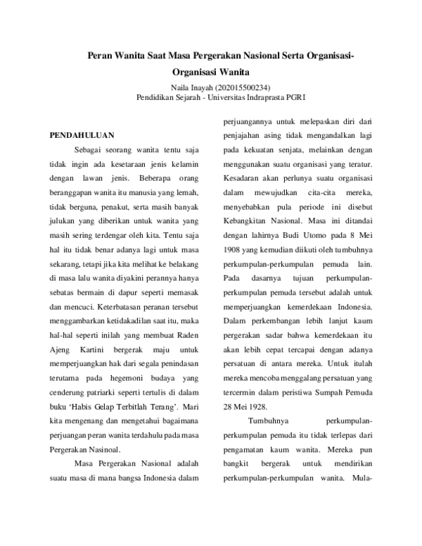 (PDF) Peran Wanita Saat Masa Pergerakan Nasional Serta Organisasi ...