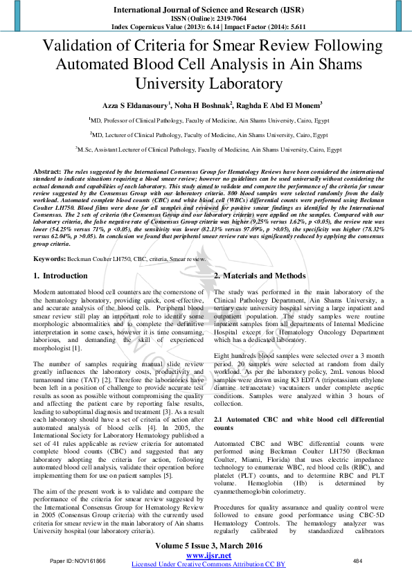 (PDF) Validation of Criteria for Smear Review Following Automated Blood ...