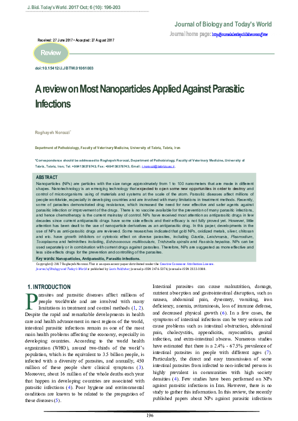 (PDF) A review on Most Nanoparticles Applied Against Parasitic Infections