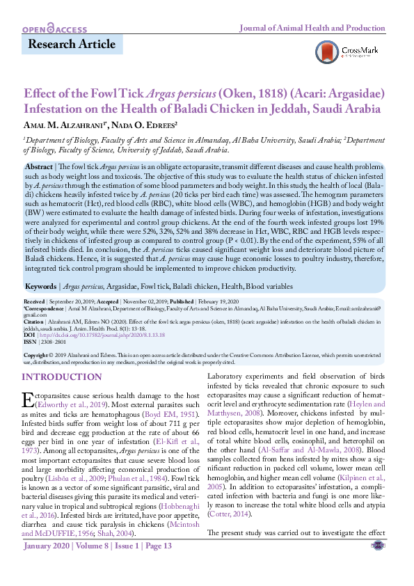 (PDF) Effect of the Fowl Tick Argas persicus (Oken, 1818) (Acari ...