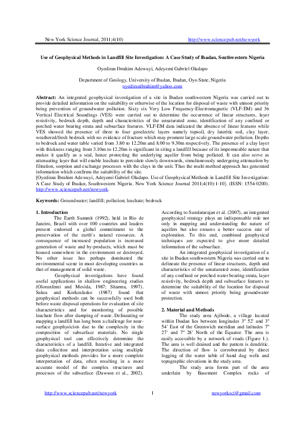 (PDF) Use of Geophysical Methods in Landfill Site Investigation: A Case Study of Ibadan ...