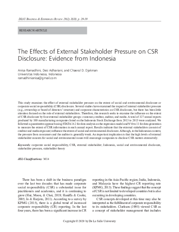 (PDF) The Effect of External Stakeholder Pressure on CSR Disclosure: Evidence from Indonesia