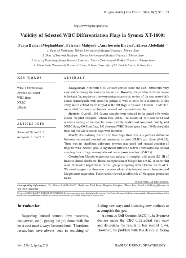(PDF) Validity of Selected WBC Differentiation Flags in Sysmex XT-1800i