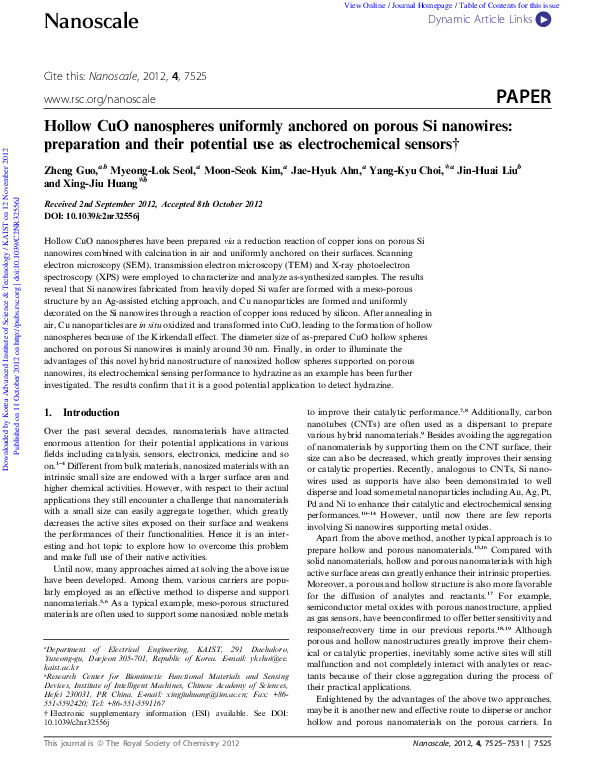 (PDF) Hollow CuO nanospheres uniformly anchored on porous Si nanowires ...
