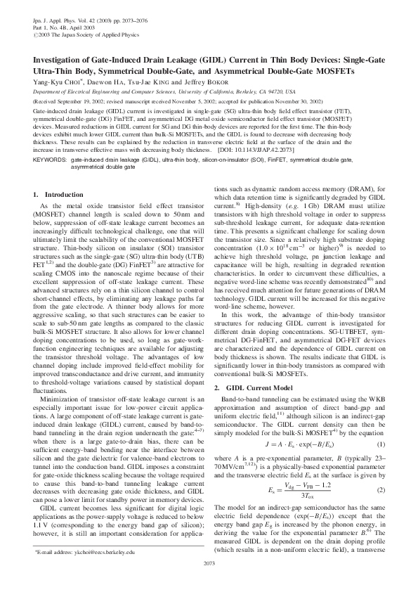(PDF) Investigation of Gate-Induced Drain Leakage (GIDL) Current in Thin Body Devices: Single ...