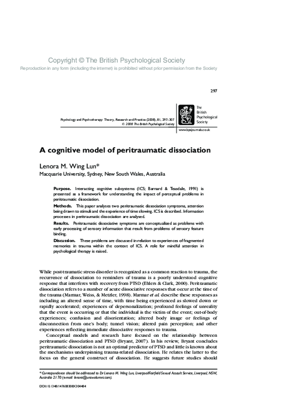 (PDF) Cognitive Framework for Peritraumatic Dissociation