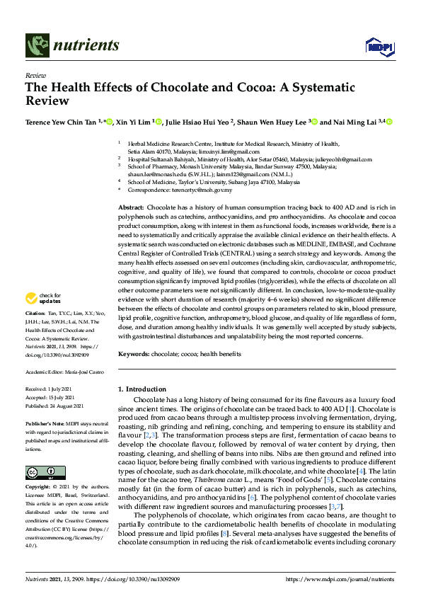 (PDF) The Health Effects of Chocolate and Cocoa: A Systematic Review