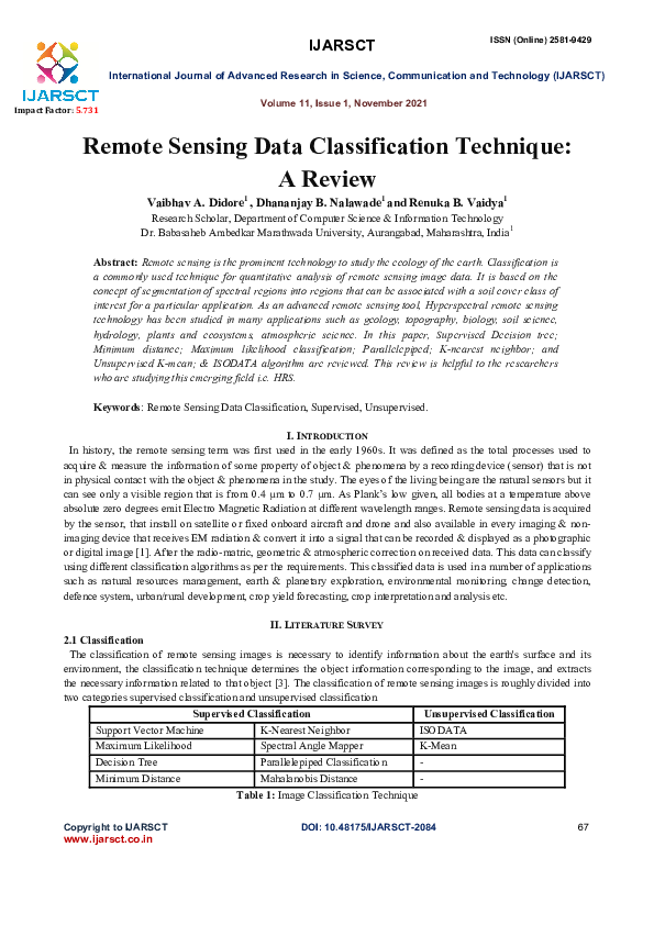 Pdf Remote Sensing Data Classification Technique A Review