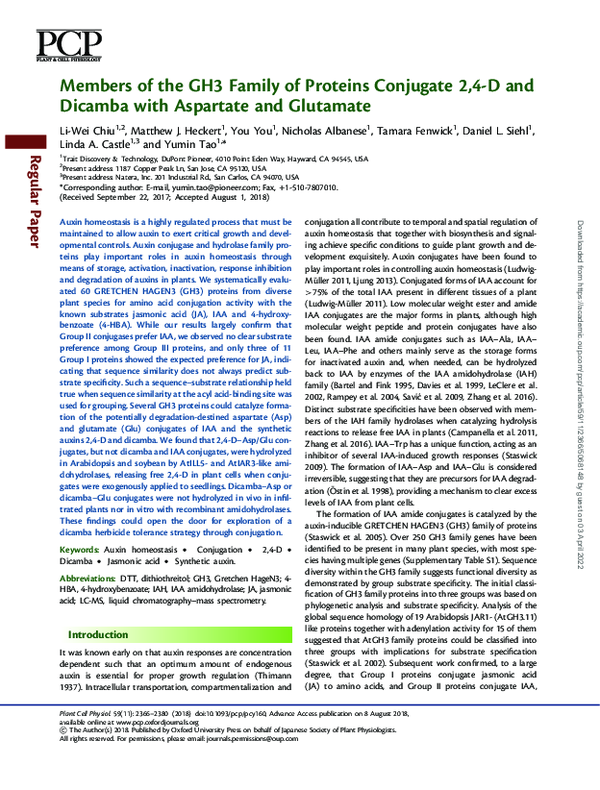 (PDF) Members of the GH3 Family of Proteins Conjugate 2,4-D and Dicamba ...