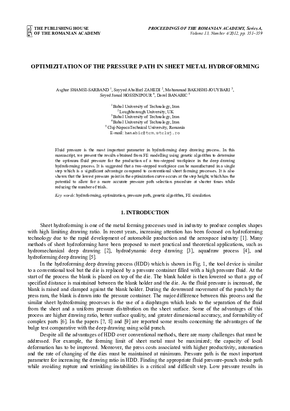 (PDF) Optimizitation of the Pressure Path in Sheet Metal Hydroforming