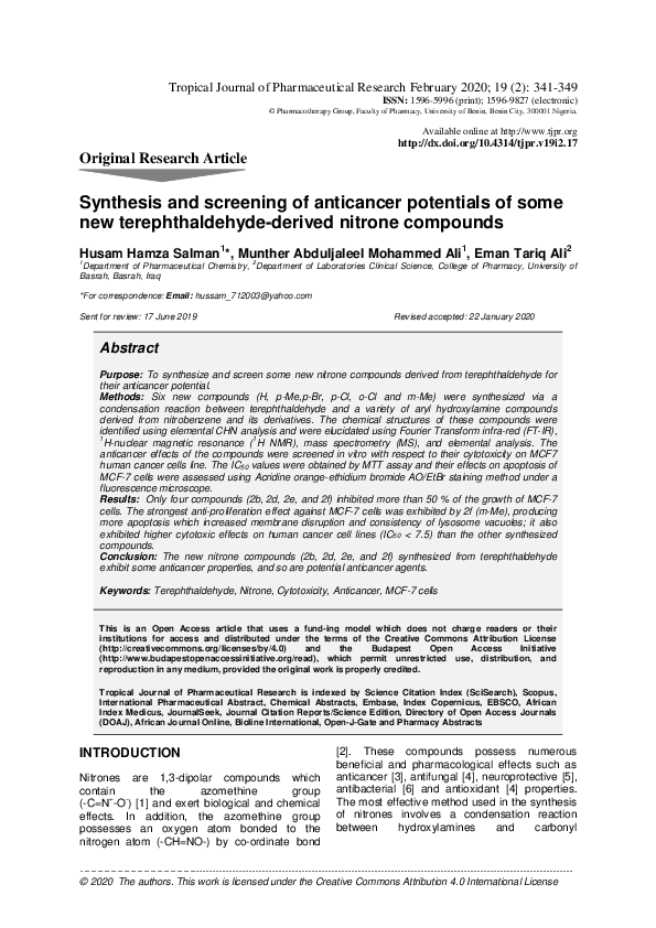 (PDF) Synthesis and screening of anticancer potentials of some new ...
