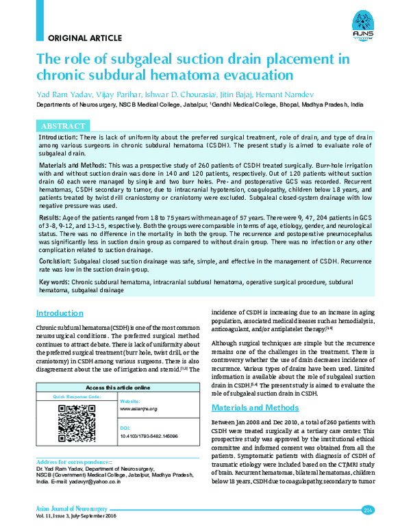 (PDF) The role of subgaleal suction drain placement in chronic subdural ...