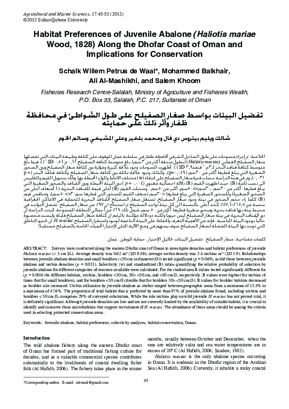 (PDF) Habitat Preferences of Juvenile Abalone (Haliotis mariae Wood ...