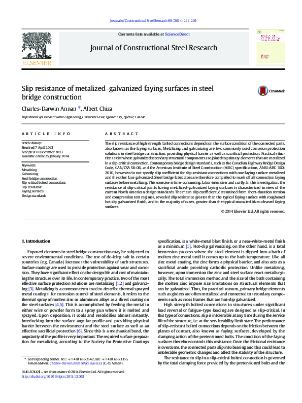 (PDF) Slip resistance of metalized–galvanized faying surfaces in steel ...