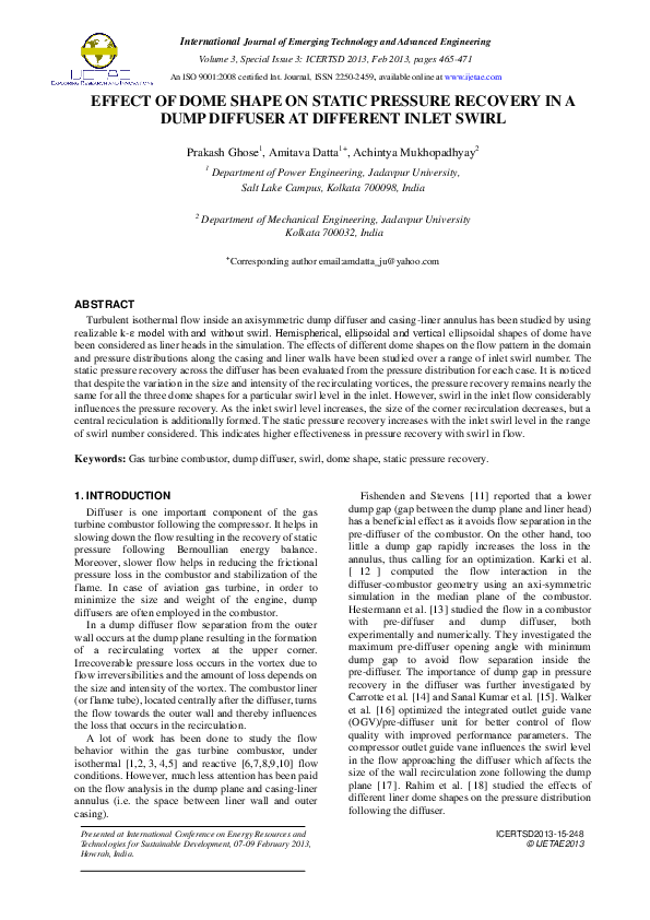 Pdf Effect Of Dome Shape On Static Pressure Recovery In A Dump Diffuser At Different Inlet