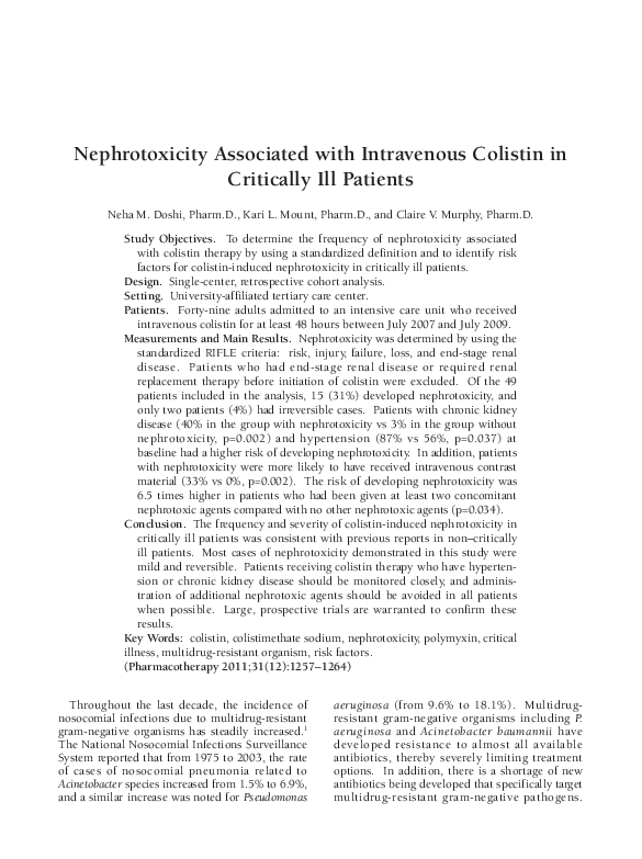 (PDF) Nephrotoxicity Associated with Intravenous Colistin in Critically ...