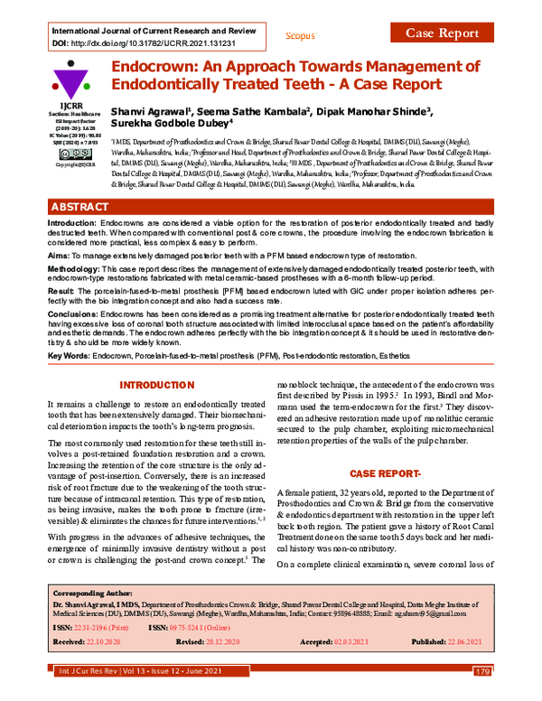 (PDF) Endocrown: An Approach Towards Management of Endodontically ...