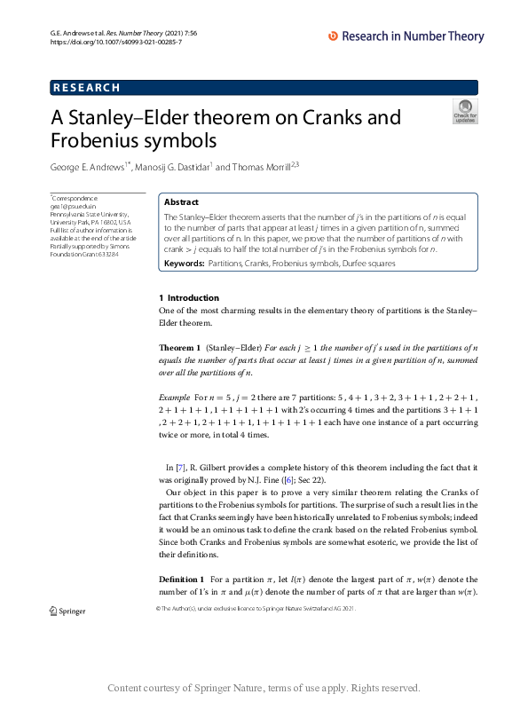 (PDF) A Stanley-Elder theorem on Cranks and Frobenius symbols