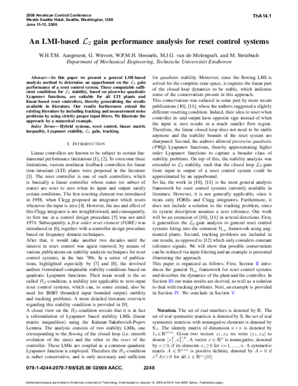 (PDF) An LMI-based ℒ2 gain performance analysis for reset control systems