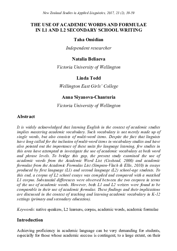 (PDF) The use of academic words and formulae in L1 and L2 secondary ...