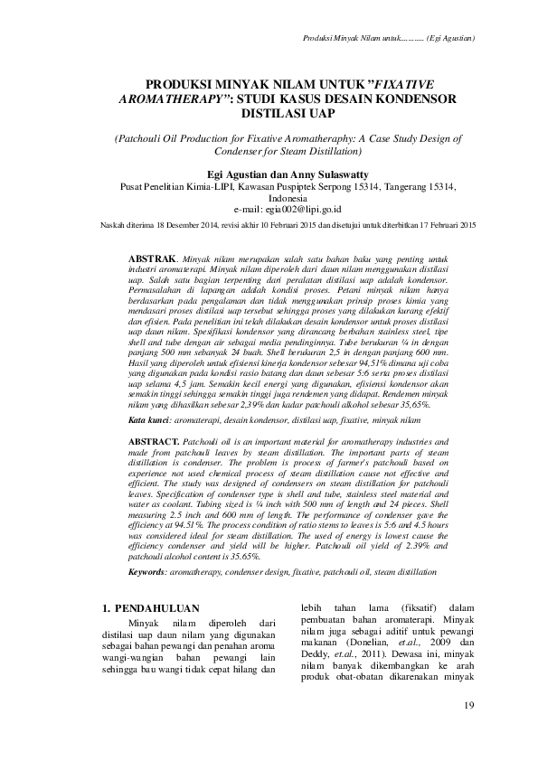 (PDF) PRODUKSI MINYAK NILAM UNTUK "FIXATIVE AROMATHERAPY": STUDI KASUS ...