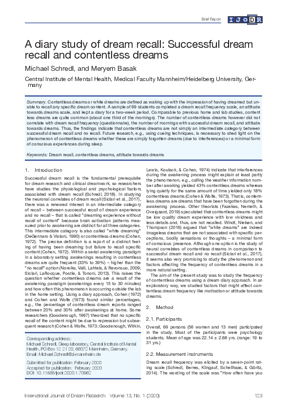 (PDF) A diary study of dream recall: Successful dream recall and contentless dreams