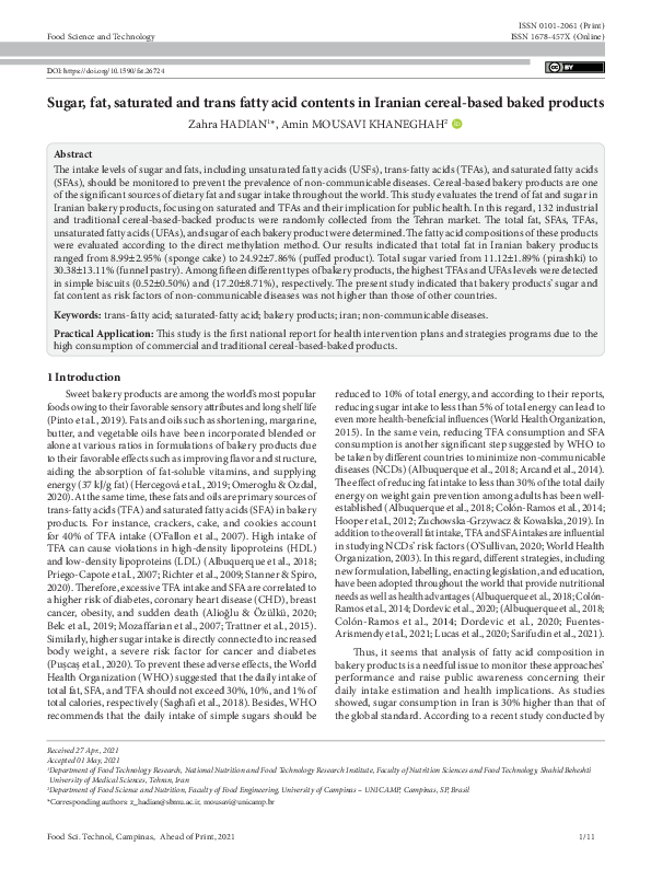 (PDF) Sugar, fat, saturated and trans fatty acid contents in Iranian ...