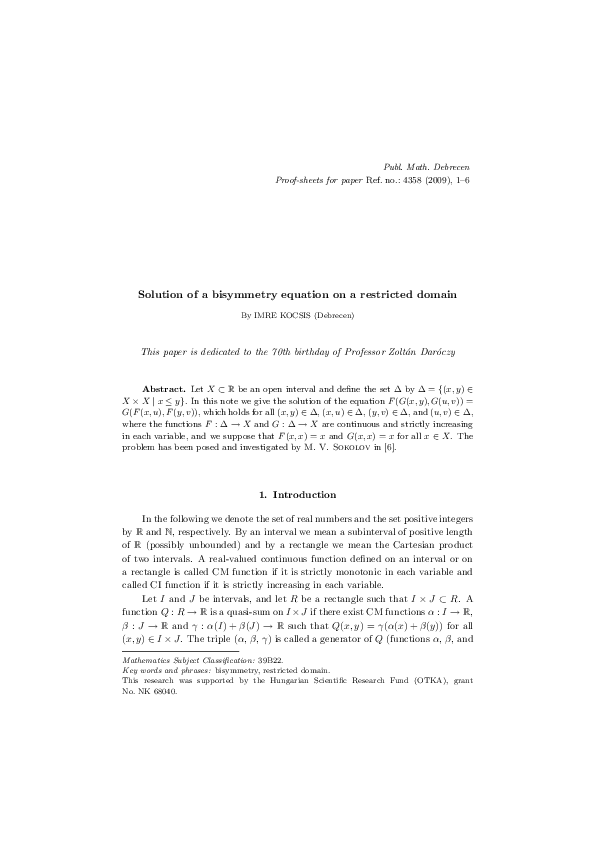 (PDF) Solution of a bisymmetry equation on a restricted domain