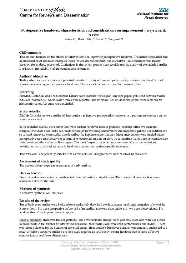 (PDF) Postoperative handover