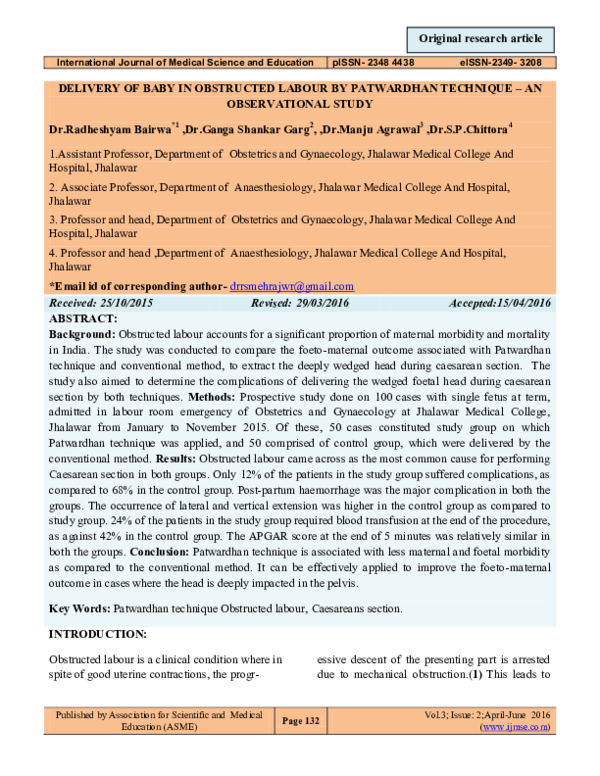 (PDF) Delivery of Baby in Obstructed Labour by Patwardhan Technique ...