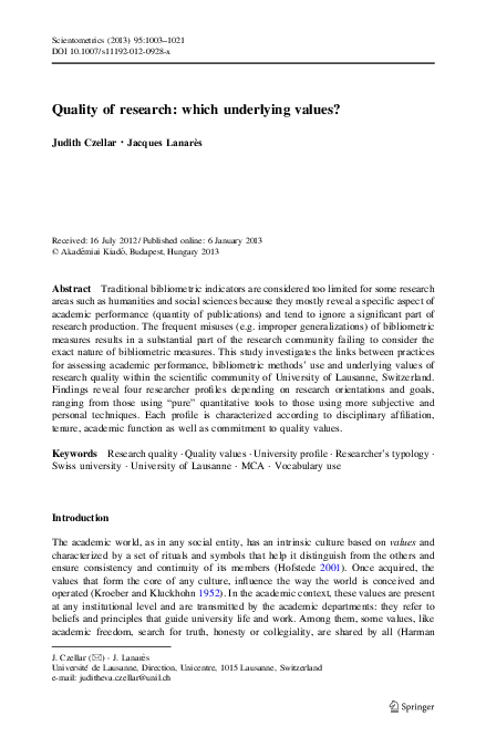 (PDF) Quality of research: which underlying values?