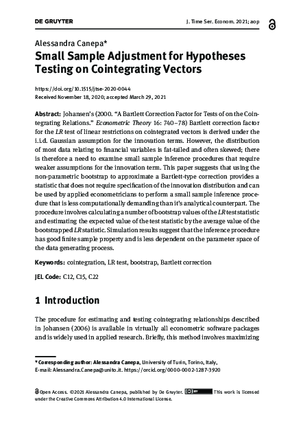 (PDF) Small Sample Adjustment for Hypotheses Testing on Cointegrating ...