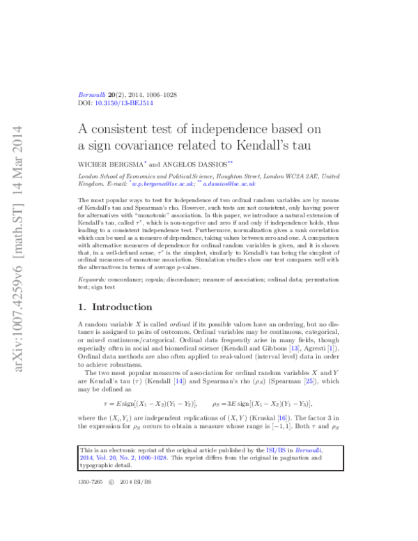 (PDF) A consistent test of independence based on a sign covariance ...