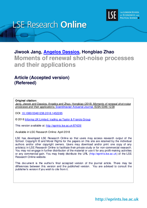 (PDF) Moments of renewal shot-noise processes and their applications | Angelos Dassios ...